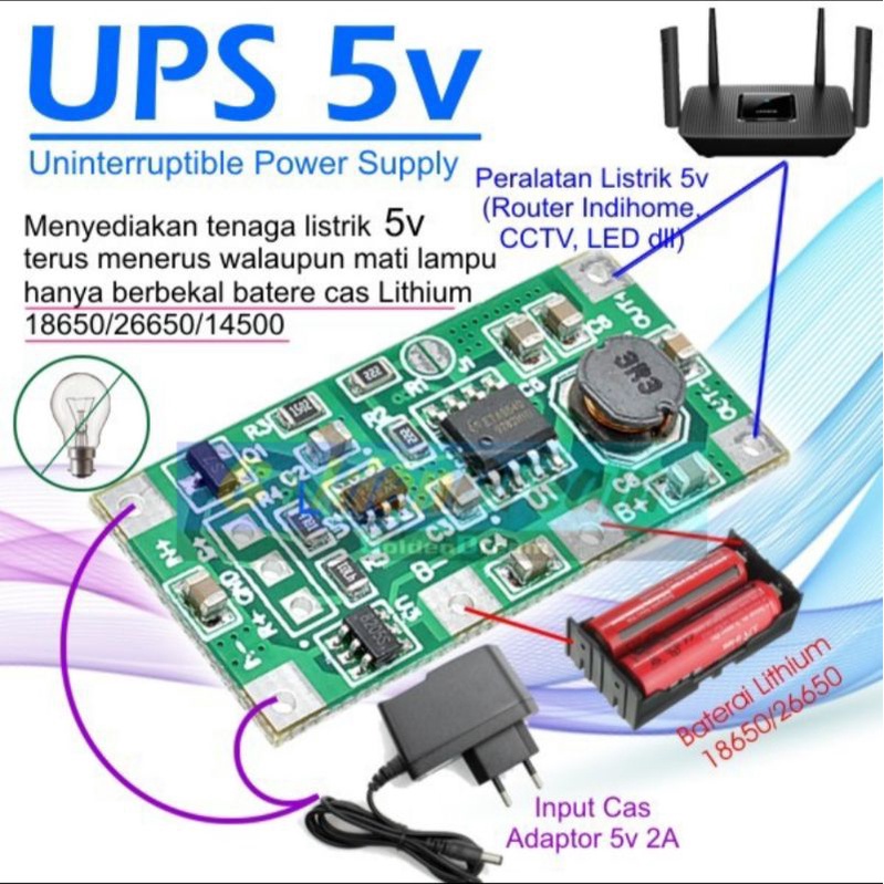 Jual UPS 5v dgn Baterai 18650 Lithium Power Supply Pengaman Mati Lampu ...