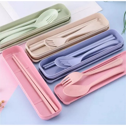 Jual Sendok Set Garpu Sumpit sendok Bahan Jerami + kotak Sendok Set 3 ...