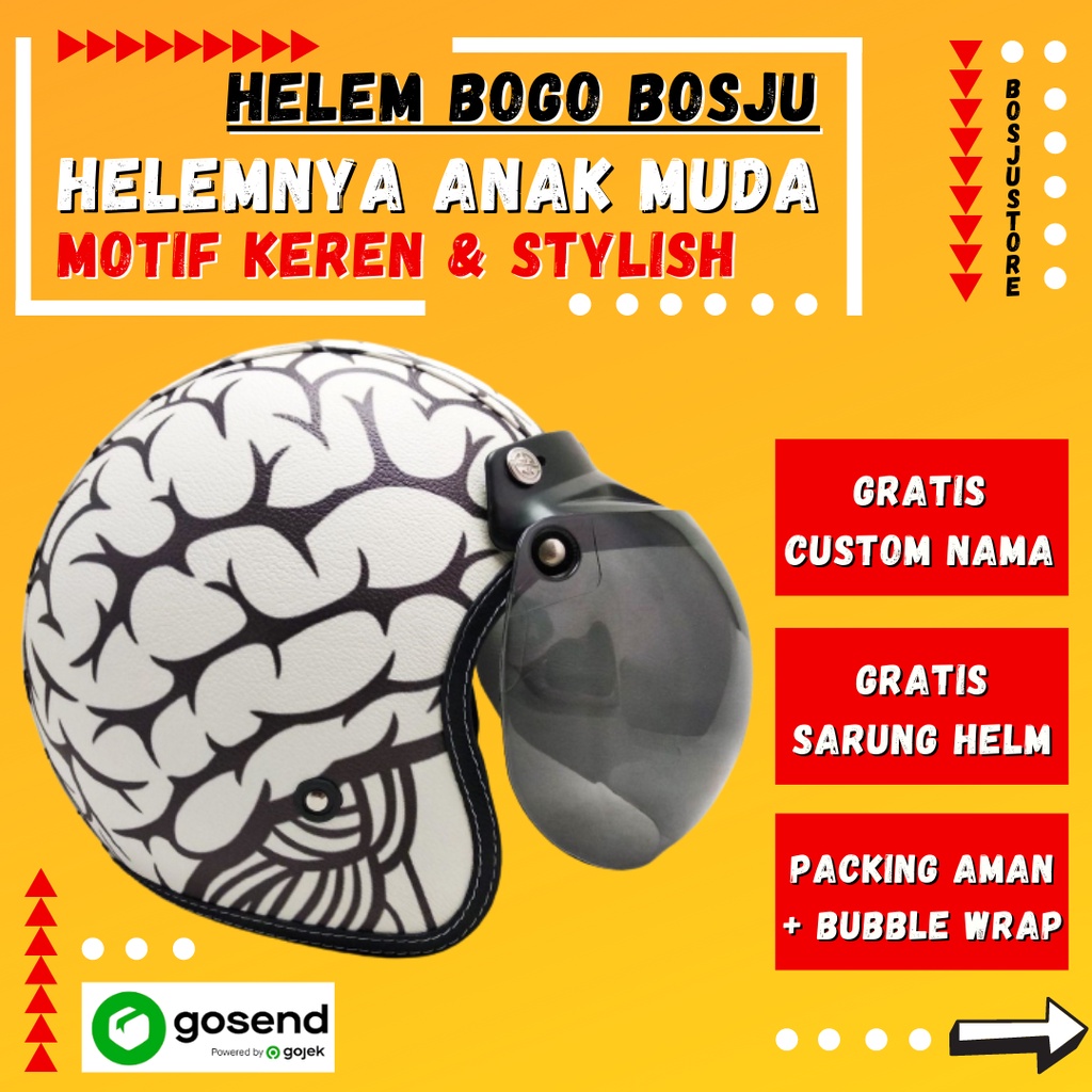 Jual HELM BOGO RETRO KULIT WANITA DEWASA KACA DATAR CLASSIC MOTIF OTAK ...