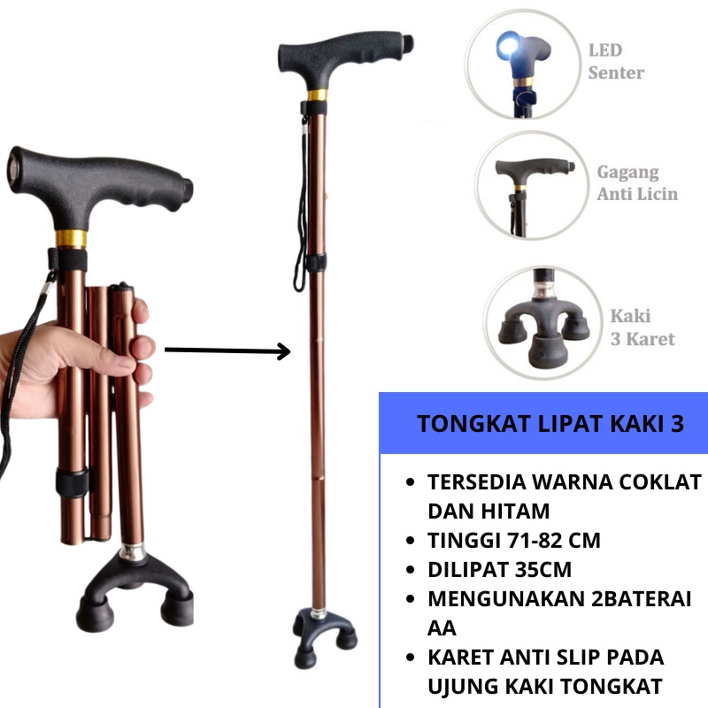 Jual Tongkat lipat kaki 3 Alat bantu jalan tongkat senter kaki tiga ...