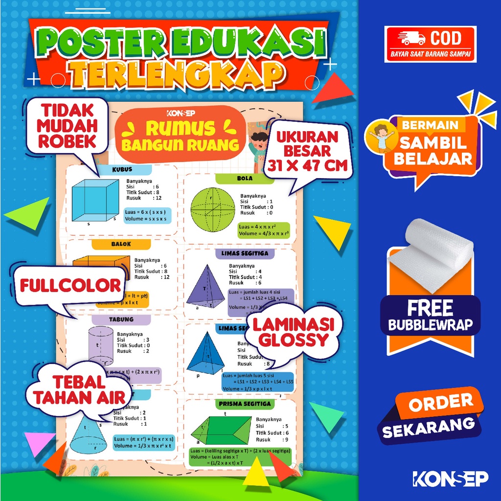 Jual Konsep Poster Edukasi Rumus Bangun Ruang Laminasi Glossy Full ...