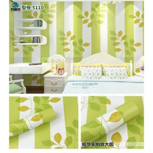 Jual Wallpaper dinding motif salur daun hijau kuning Indonesia|Shopee Indonesia