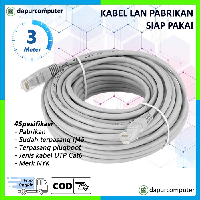 Jual Kabel Lan 3 Meter Indoor UTP Cat6 NYK Pabrikan Wifi Internet Terbaik | Shopee Indonesia