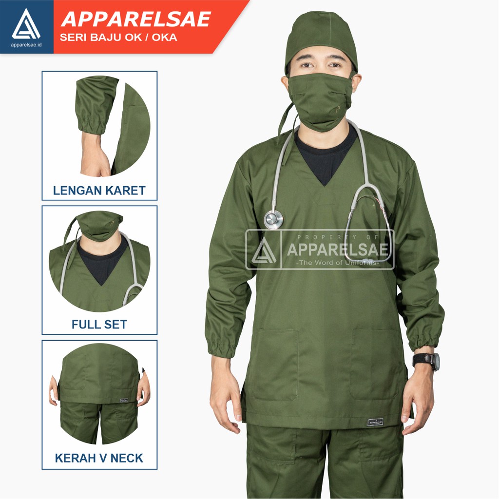 Baju OK OKA Baju jaga Baju perawat Baju operasi Fullset Warna HIJAU ...