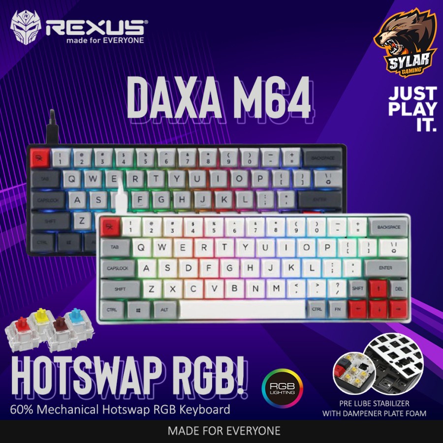 Jual Rexus Daxa M64 60% Classic RGB Hotswap Mechanical Gaming Keyboard Indonesia|Shopee Indonesia