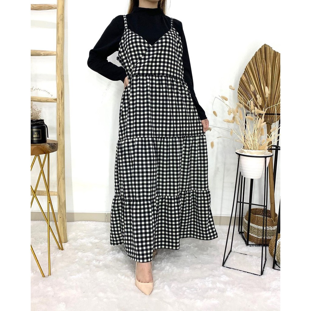 Delayla Gingham Plaid Overall - slip dress overall motif kotak hitam ...