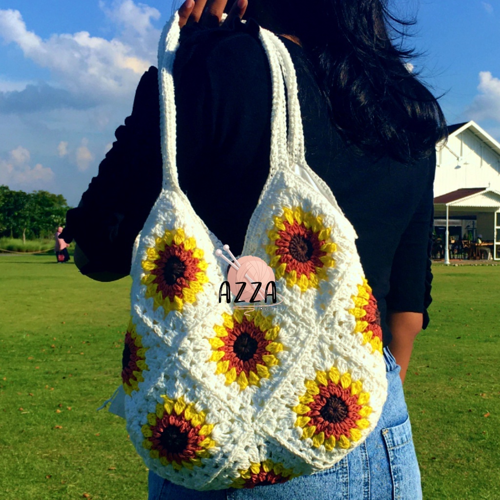 Jual tas rajut cantik/sunflower bag/tas rajut bunga matahari/sunflower ...