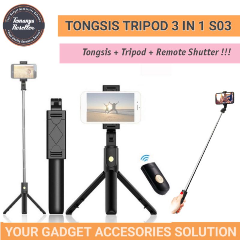 Jual S03 Tongsis Tripod Remote Control Shutter 3 In 1 Live
