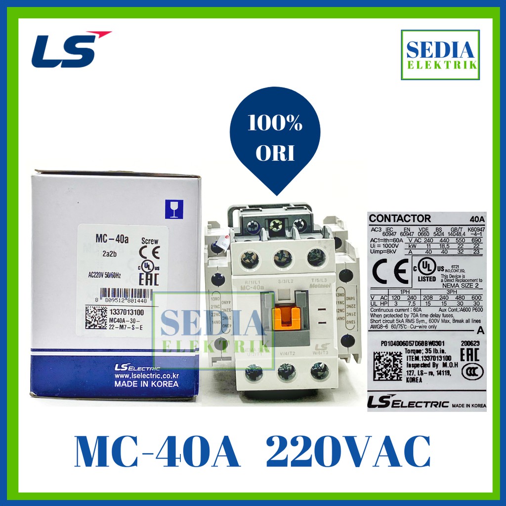 Jual KONTAKTOR CONTACTOR LS MC-40A 220VAC MC 40A MC40A 3 KUTUB NO NC | Shopee Indonesia