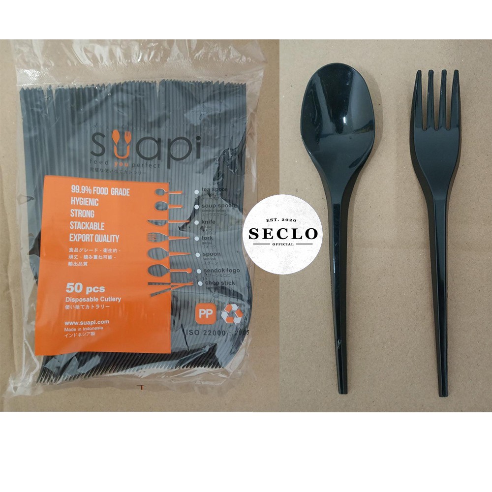Jual 1 BKS (50) SENDOK/ GARPU MAKAN PLASTIK SUAPI WARNA HITAM | Shopee ...