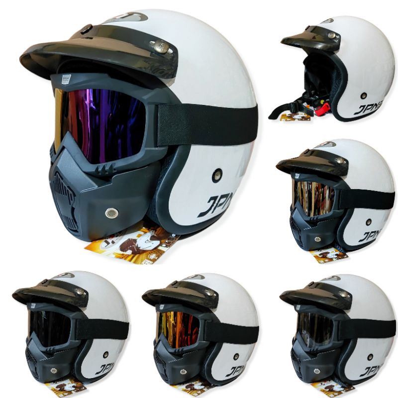 Jual Helm Bogo Jpn Retro Putih Metalik & Goggle Mask Indonesia|Shopee ...
