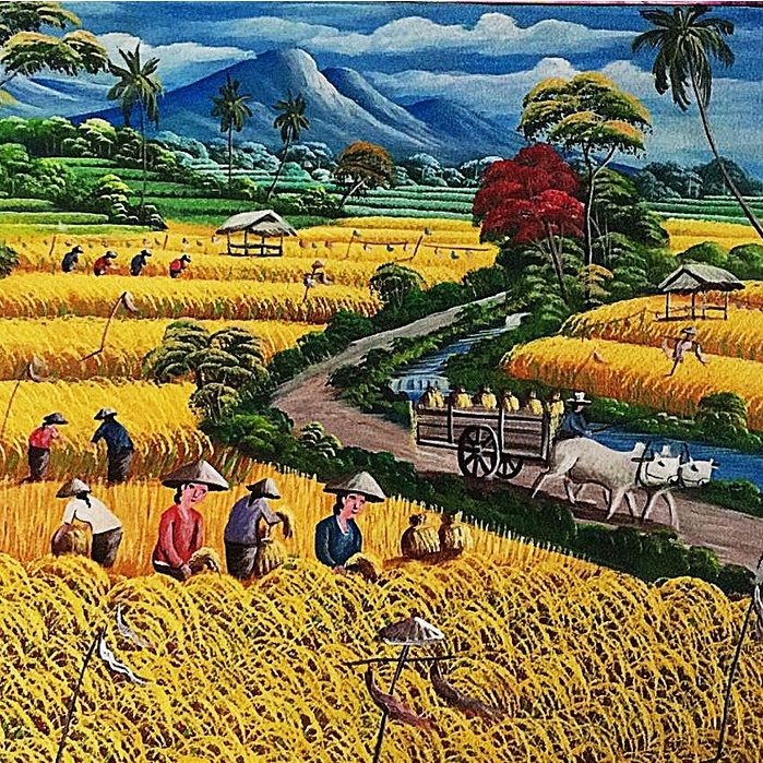 Jual Lukisan Panen Raya dan Pemandangan Dengan Gerobak Sapi dan ...