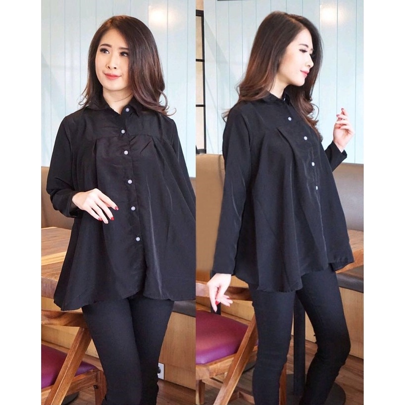 Jual kemeja Kerja Kantor wanita hitam putih atasan big size U2Z6 hem 3/4 motif polos Blouse ...