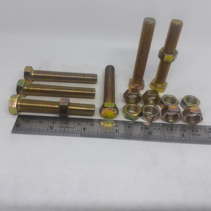 Jual M10X60 (6 CM) BAUT MUR HEXAGON KUNING FULL DRAT BMK M10 X 60 ...