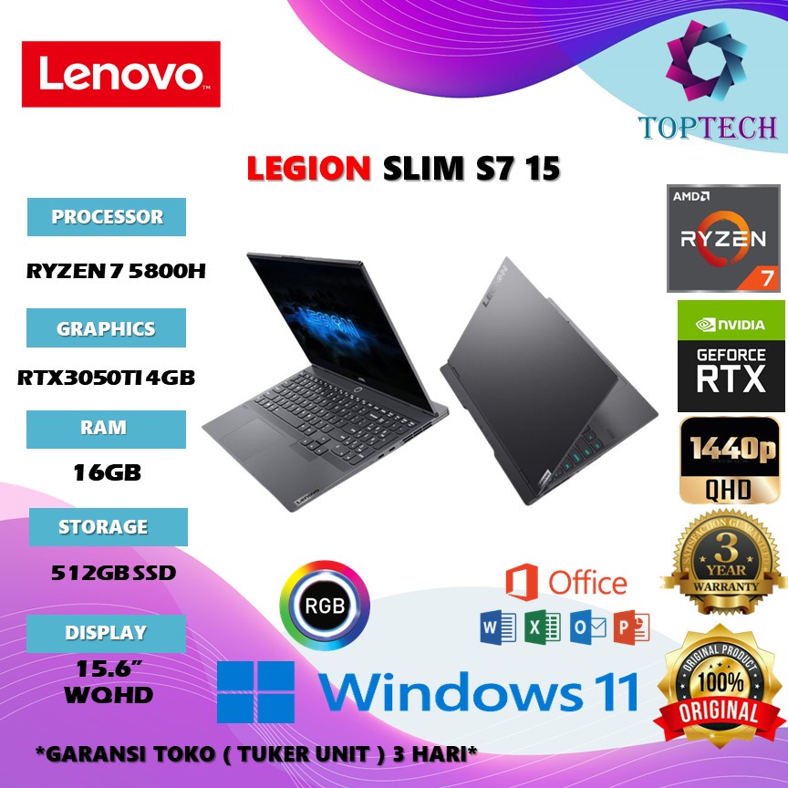 Jual LENOVO LEGION SLIM S7 15 RYZEN 7 5800H RTX3050TI 4GB RAM 16GB 512GB SSD W11 OHS 15.6WQHD ...