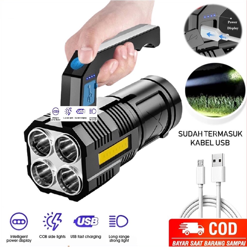 Jual Senter LED COB Sorot Jarak Jauh 4 LED Dan COB Light Super Terang Anti Air Waterproof Senter ...