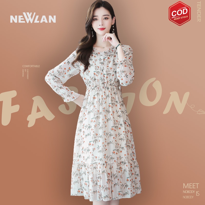 Jual Newlan QZ033 NOUL KOREAN STYLE FLORAL VINTAGE MIDI DRESS BUMIL BUSUI Long Sleeve Maxi Midi ...