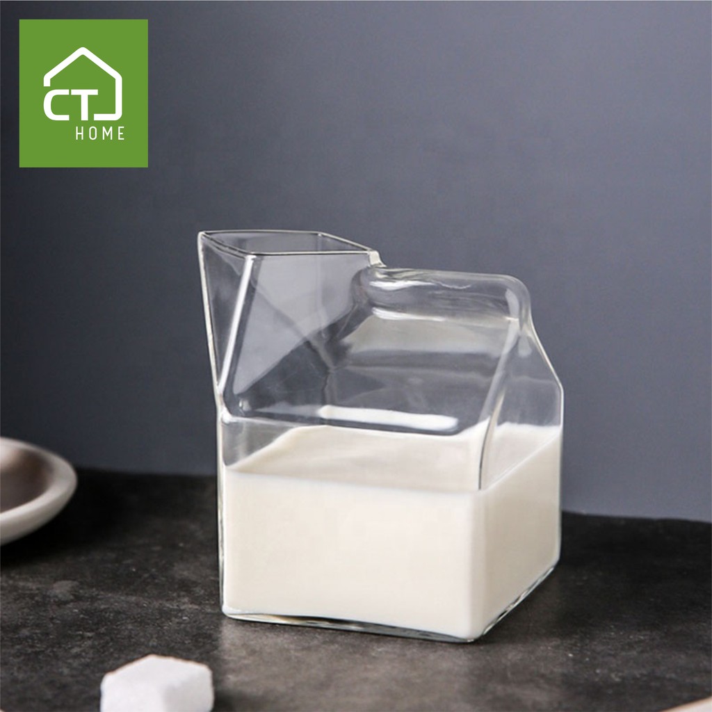 Jual Gelas Susu Kaca Estetik Unik Desain Kotak Susu Transparan Design ...