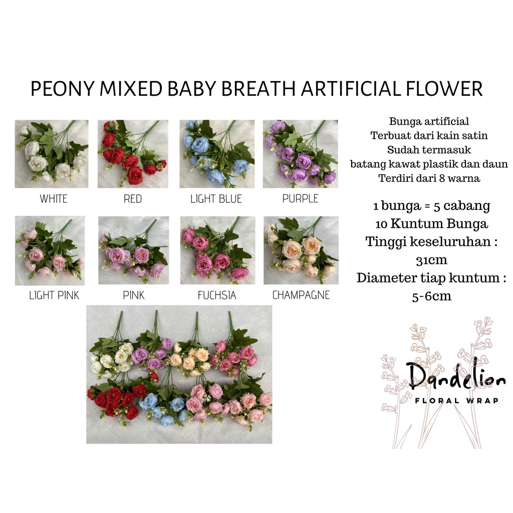 Jual BUNGA PEONY MIXED BABY BREATH 5 CABANG ARTIFICIAL BUNGA MAWAR ...