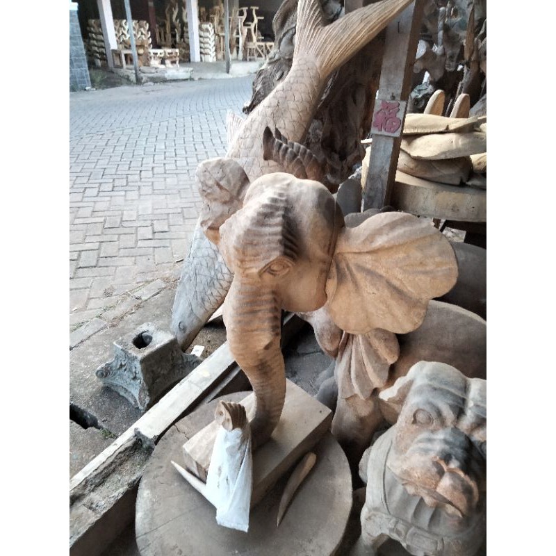 Jual PATUNG RELIEF KEPALA GAJAH KAYU JATI FURNITURE JEPARA | Shopee ...