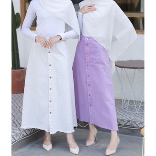 Jual Rok button skirt jeans putih panjang kancing Rok jins denim span ...