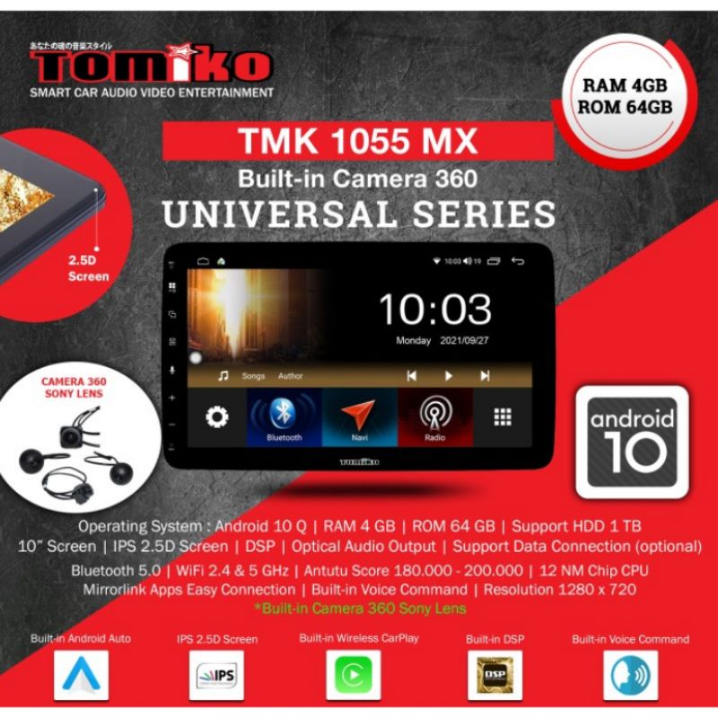 Jual Head Unit Android Tomiko Universal TMK 1055 MX Built-in Camera 360 ...