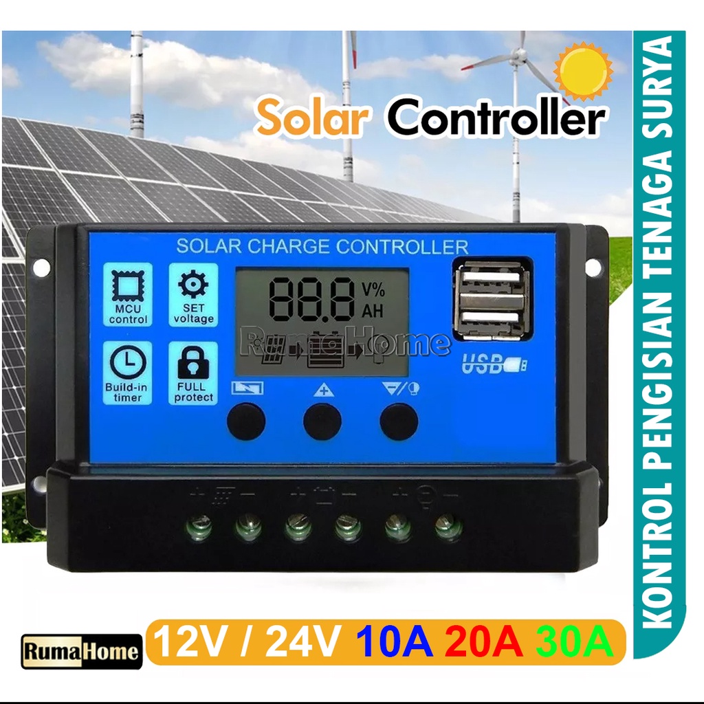 Jual Solar Charge Controller LCD LED Display Solar PWM 12V/24V 10A 20A ...