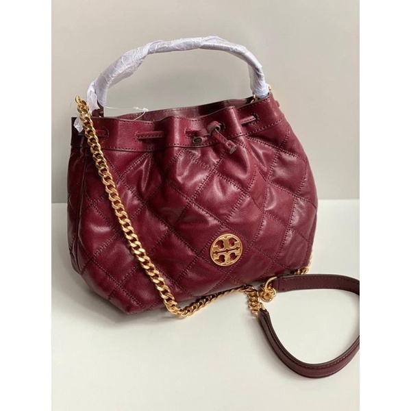 Jual Tory Burch Willa small drawstring crossbody bag claret | Shopee ...