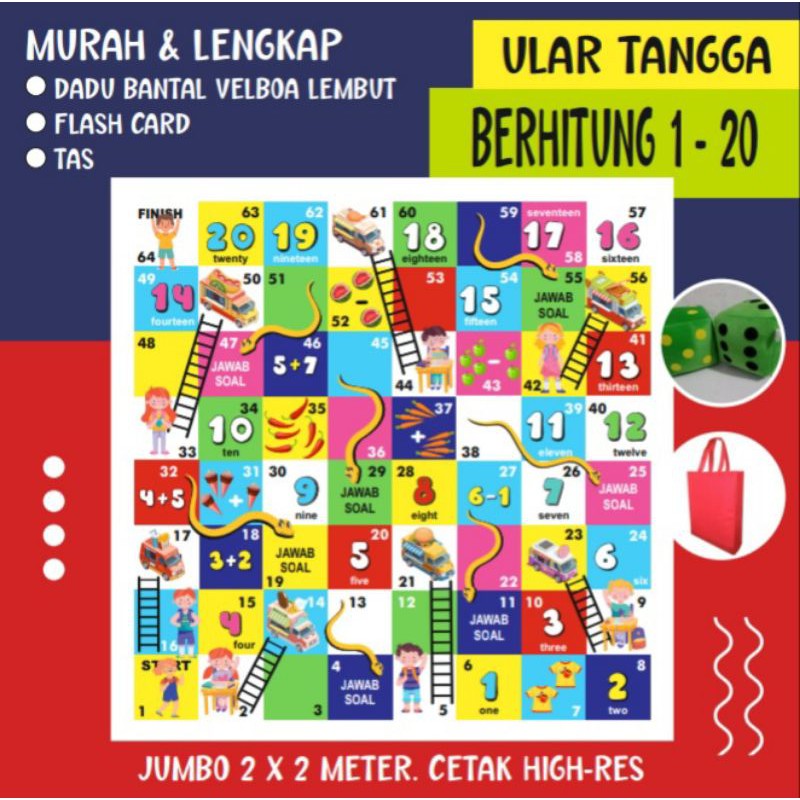Jual Karpet ular tangga belajar berhitung 1 - 20 jumbo (2x2m) +dadu ...