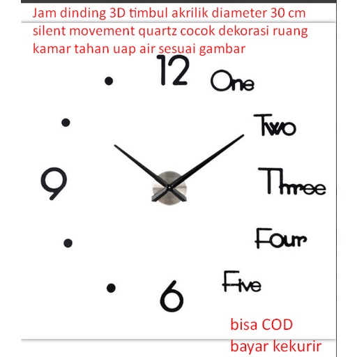 Jual Jam dinding 3D timbul akrilik diameter 30 cm silent movement ...