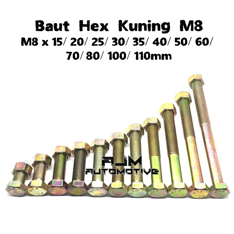 Jual Baut Mur Hex Kuning M8 x 15 20 25 30 35 40 50 60 70 80 100 110 mm | Shopee Indonesia