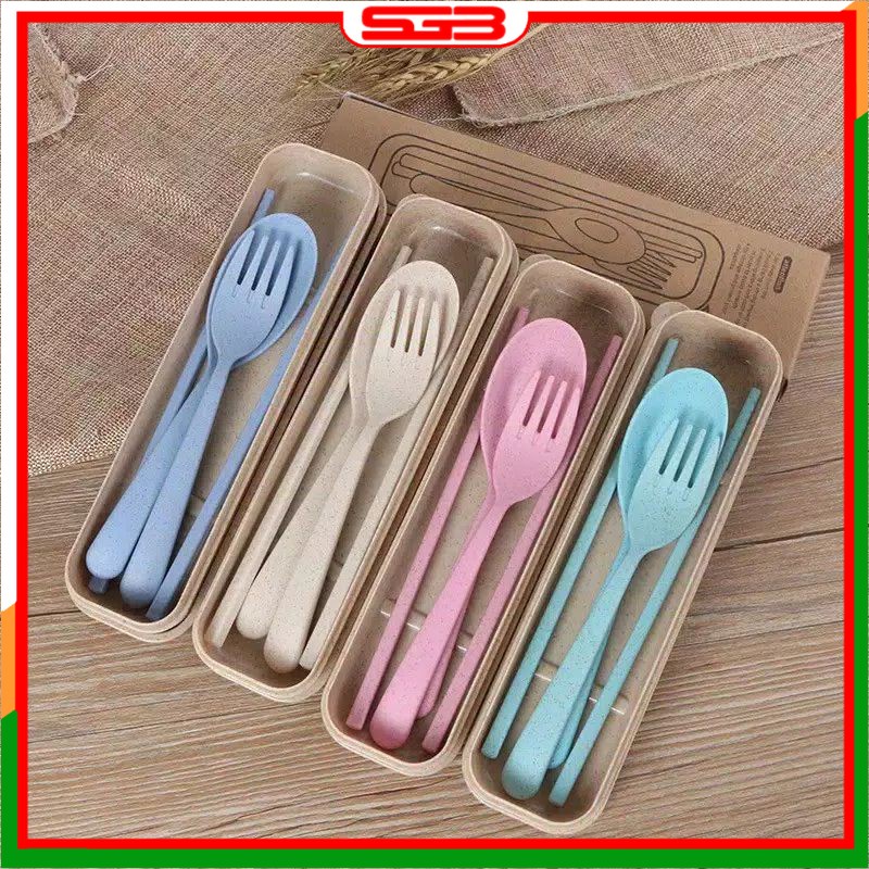 Jual Sendok Set Garpu Sumpit sendok Bahan Jerami + kotak Sendok Set 3 ...