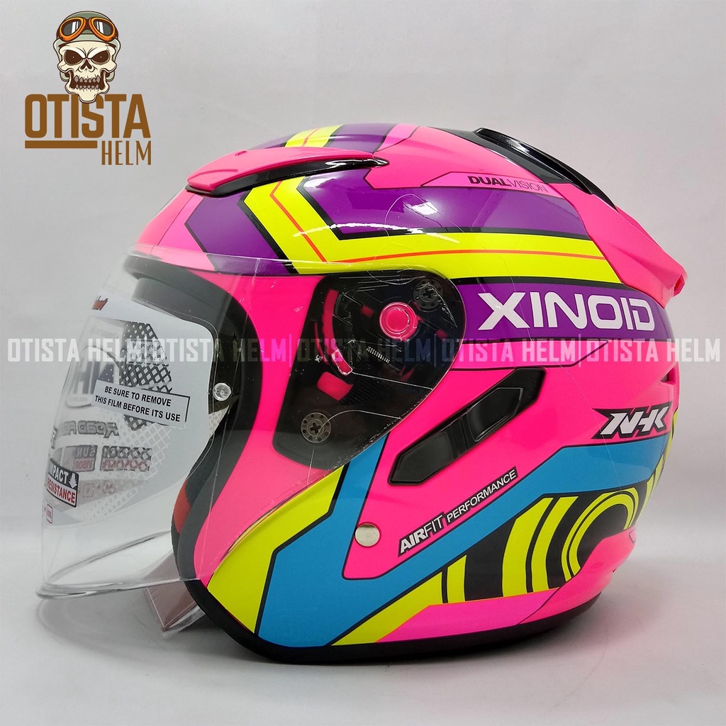 Jual HELM HALF FACE NHK R1 CORAK XINOID PINK FLOURECENT DOUBLE VISOR ...