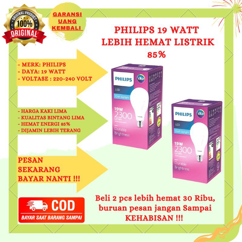 Jual Lampu Led Philips 19 WATT Beli 2 Lebih Hemat 30 RIBU / Led Philips Lampu philip Bohlam Led ...