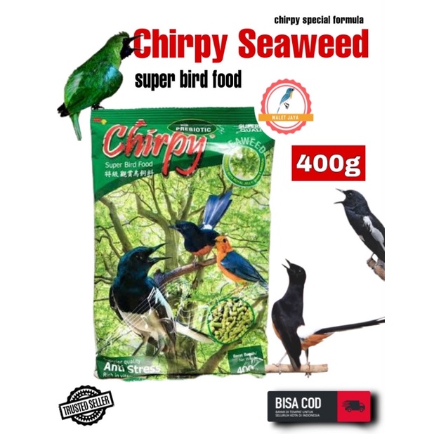 Jual CHIRPY SEAWEED SUPER BIRD FOOD SPECIAL FORMULA PAKAN BURUNG KICAU 400g PELET HIJAU | Shopee ...
