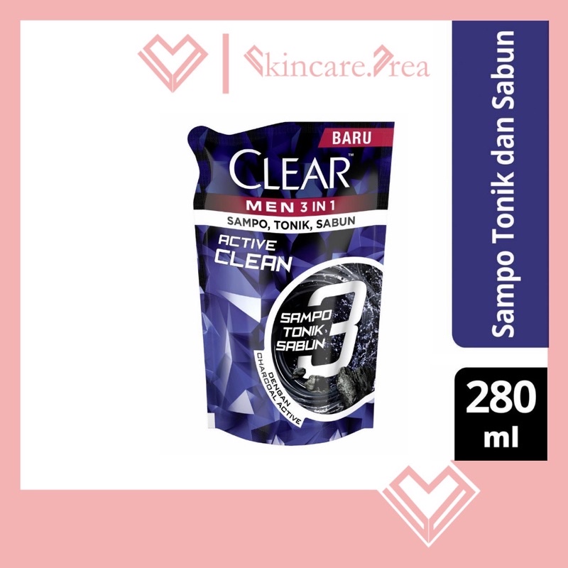 Jual Clear Men 3 in 1 Shampoo, Tonik, Sabun Active Clean 280ml | Shopee ...