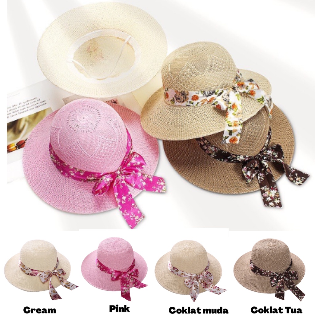 Jual Topi Pantai Wanita Bunga Vintage Pita Polkadot Pelindung Sinar ...