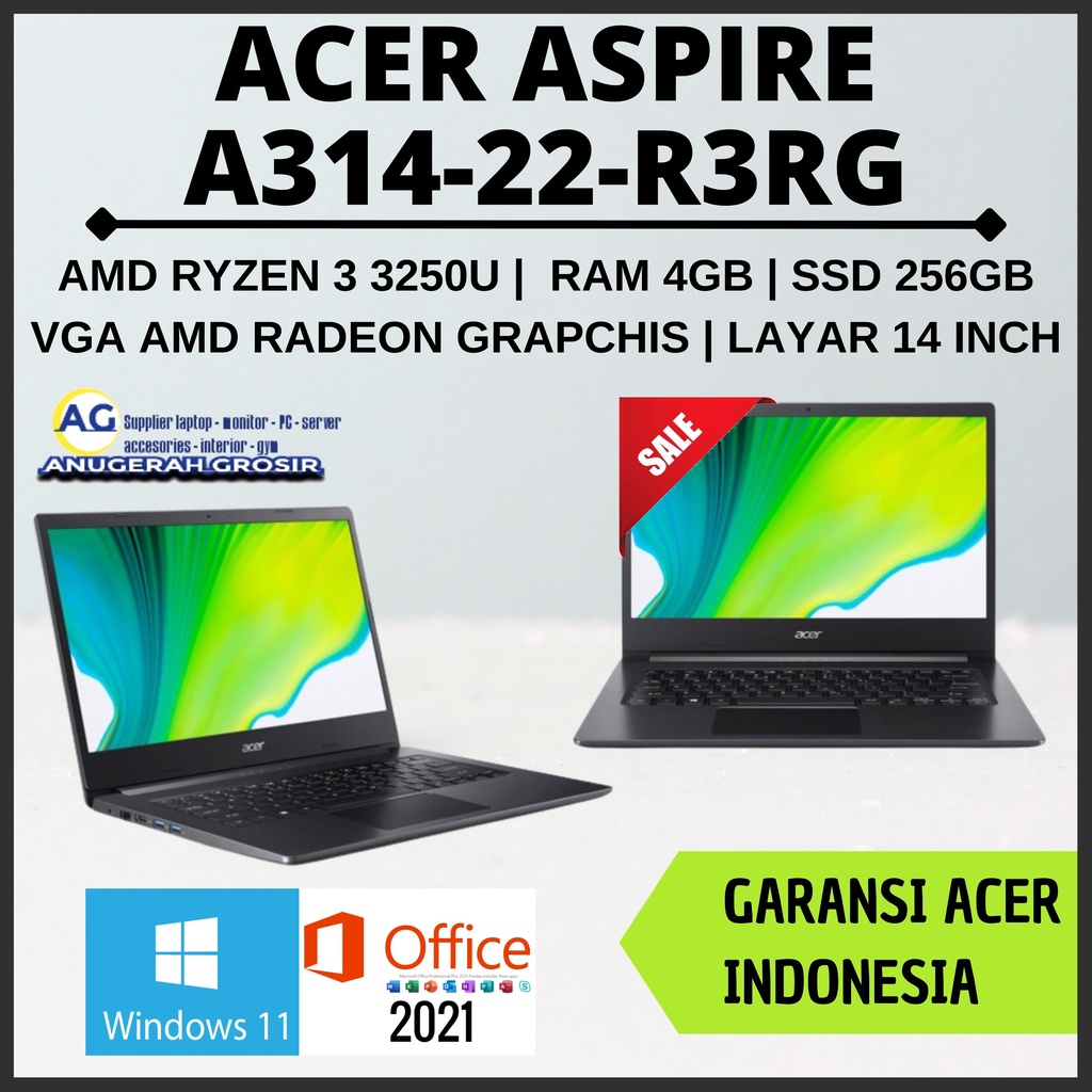 Jual LAPTOP GAMING ACER ASPIRE 3 A314-22-R3RG AMD RYZEN 3 3250U RAM 4GB SSD 256GB 14" WINDOWS 11 ...