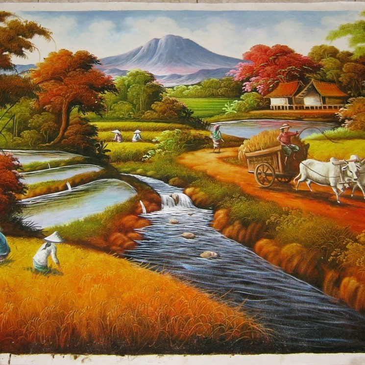 Jual Lukisan Panen dengan Gerobak Sapi Pembawa Padi yang Berlimpah ...
