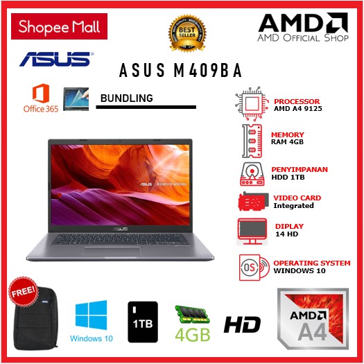 ASUS M409BA - AMD A4 9125 4GB 1TB W10 14HD | Shopee Indonesia