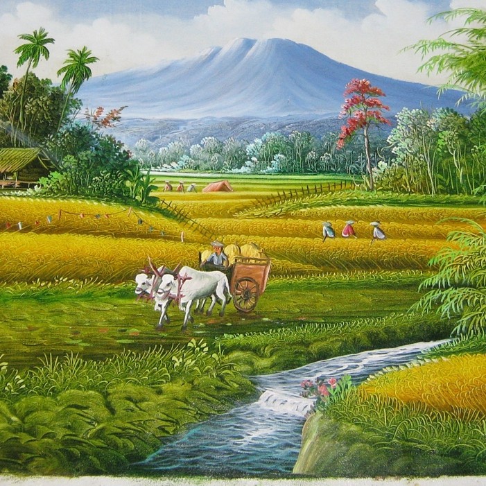 Jual Lukisan Pemandangan Panen Padi dengan Gerobak Sapi Membawa hasil ...
