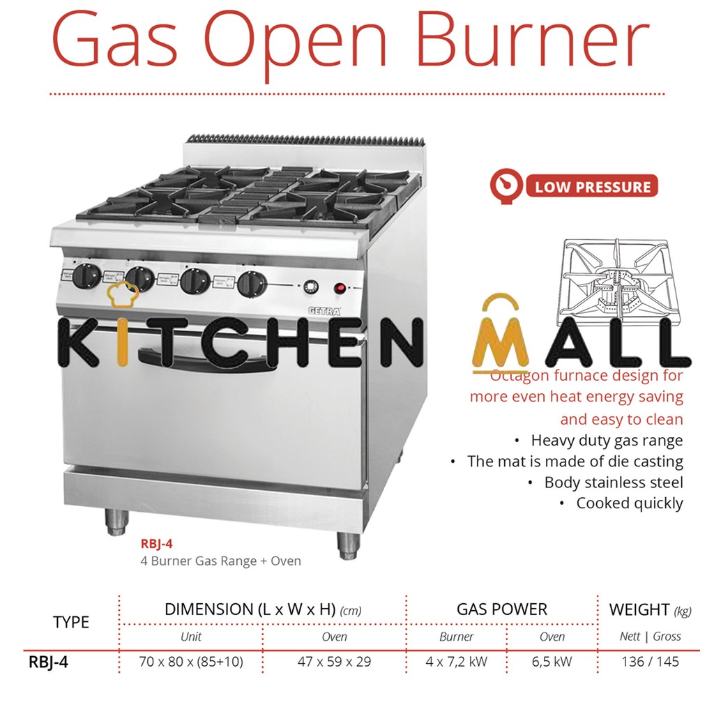 Jual GETRA RBJ-4 gas open burner with oven / kompor komersial 4 burner ...
