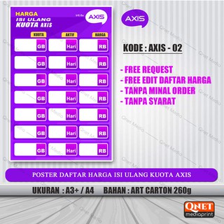 Jual POSTER KONTER DAFTAR HARGA KUOTA AXIS (CUSTOM) Indonesia|Shopee ...