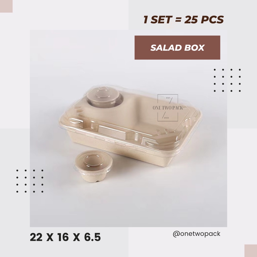 Jual [25 pcs] Bagasse Salad Box 850 mL Compartment Sauce / Wheat Straw Take Away Box Sekali ...