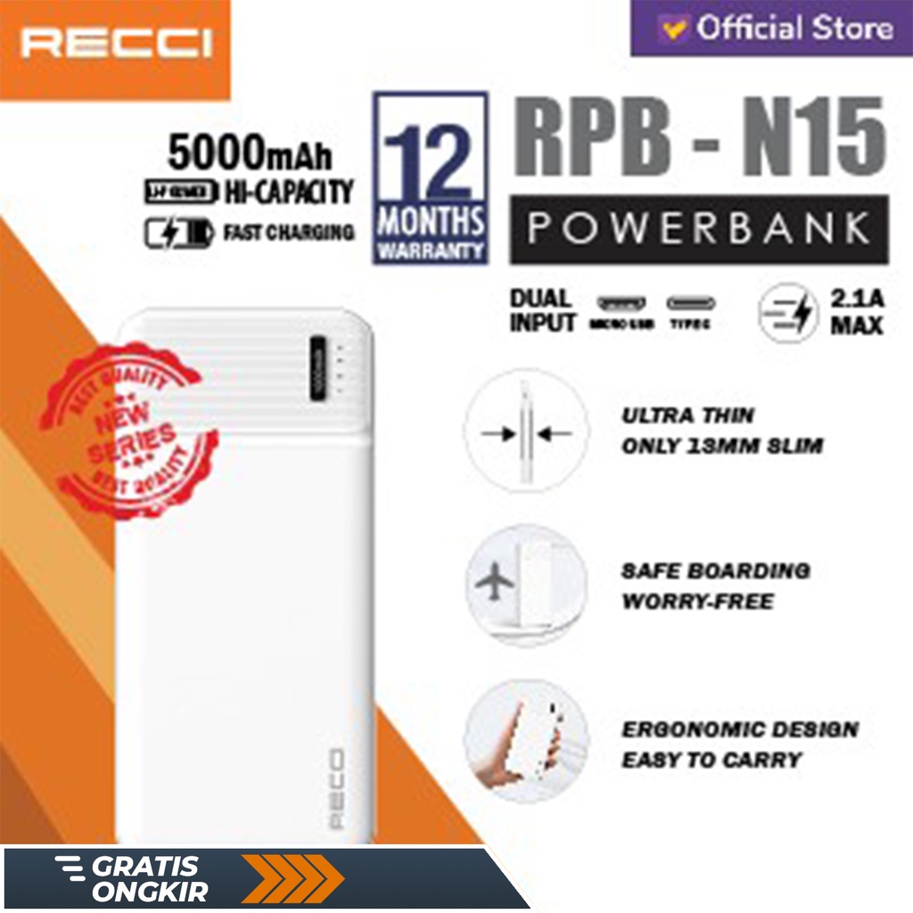 Jual RECCI Powerbank 5000 mAh RPB-N15 White | Shopee Indonesia