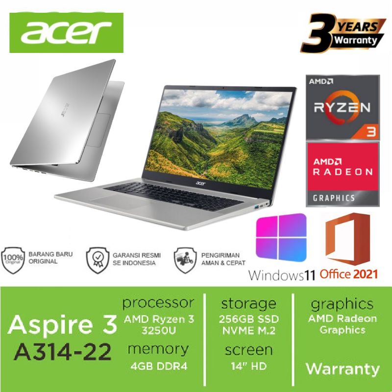 Jual ACER Aspire 3 Slim A314-22-R10Y [14"/AMD Ryzen3-3250U/4GB/SSD ...