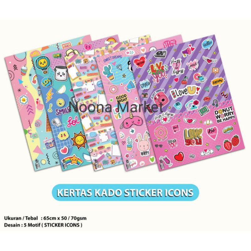 Jual Kertas Kado Stiker Icons / 5 Lembar / Kertas Kado Ultah / Kertas ...