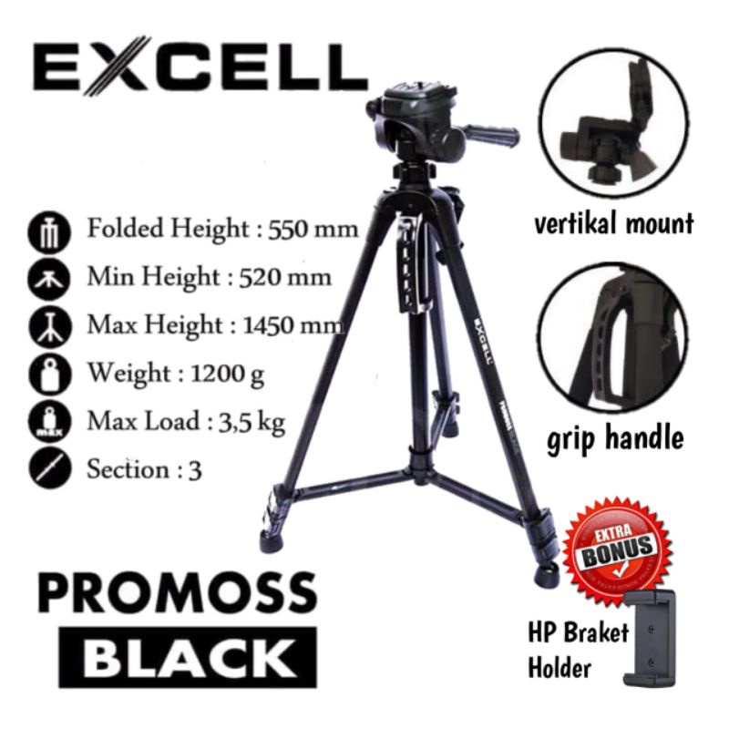 Jual Tripod Excell PROMOSS Black New Excel Edition | Shopee Indonesia