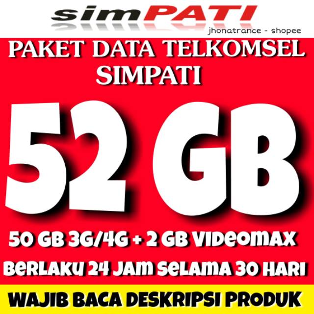 PAKET DATA TELKOMSEL SIMPATI 52GB (50GB 3G/4G + 2GB VIDEOMAX) 24 JAM 30 ...