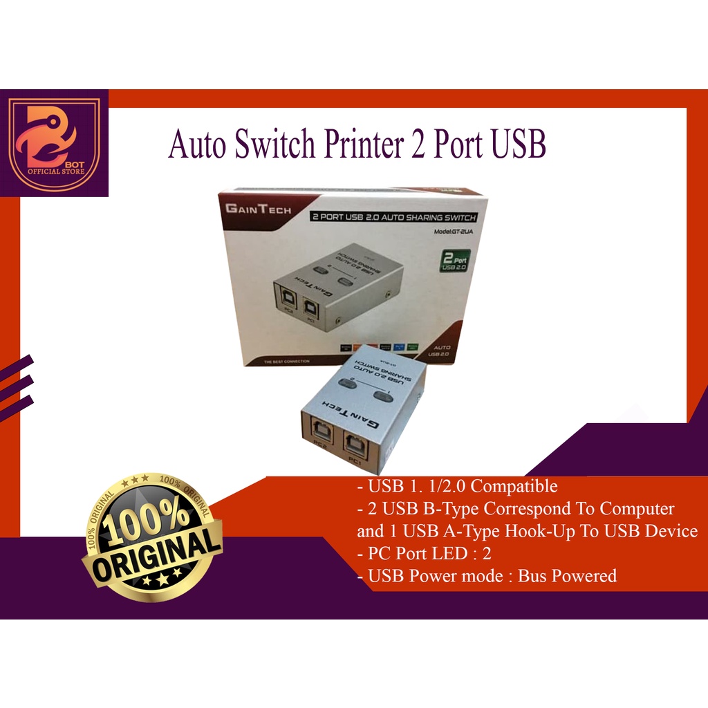 Jual Auto Switch Printer 2 Port dan 4 Port Usb / Sharing Switcher 2 dan 4 Gain Tech | Shopee ...